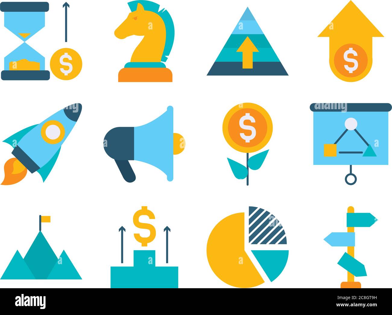 rocket and strategy icon set over white background, flat style, vector ...