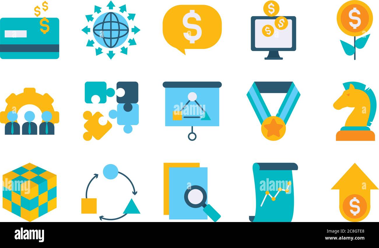 icon set of money and strategy over white background, flat style ...