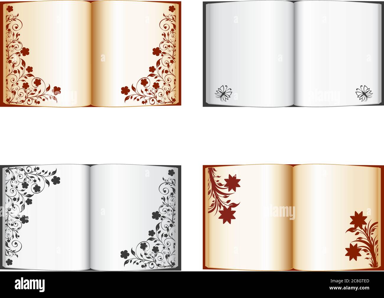 vector illustration of a set of open books with floral decoration ...