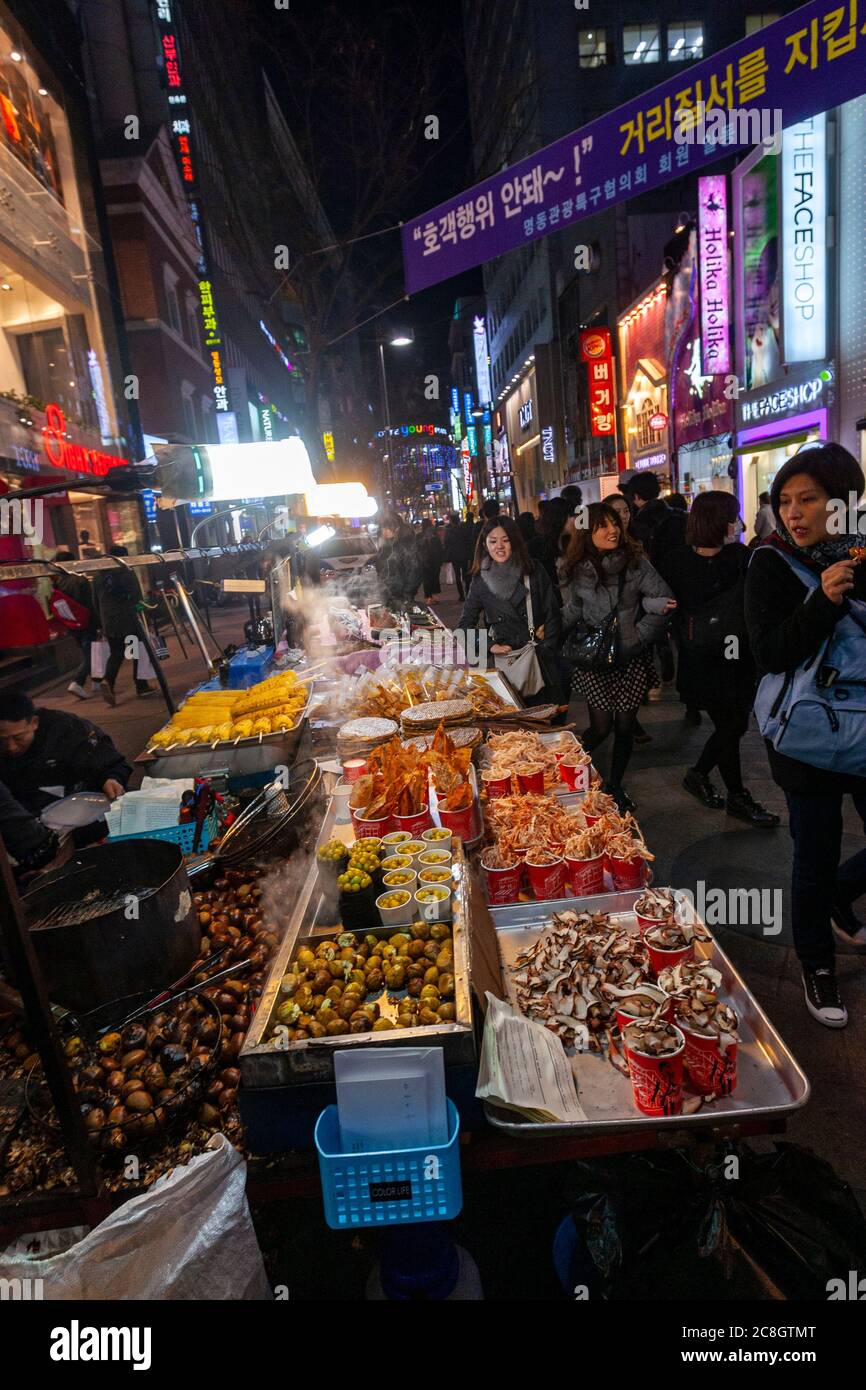 Street food and shopping in Myeong-Dong Walking Street, Myeong-dong ...