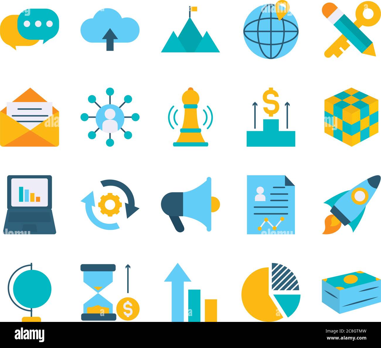 global sphere and strategy icon set over white background, flat style ...