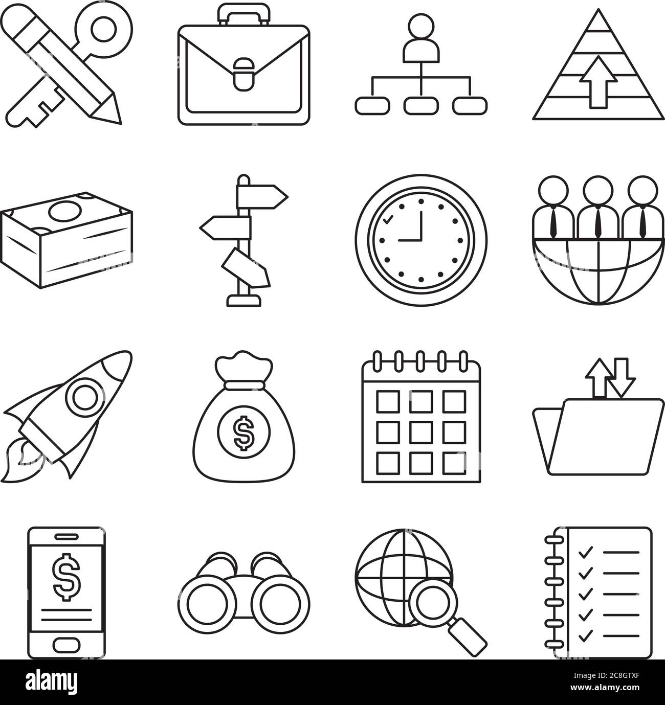 clock and strategy icon set over white background, line style, vector ...