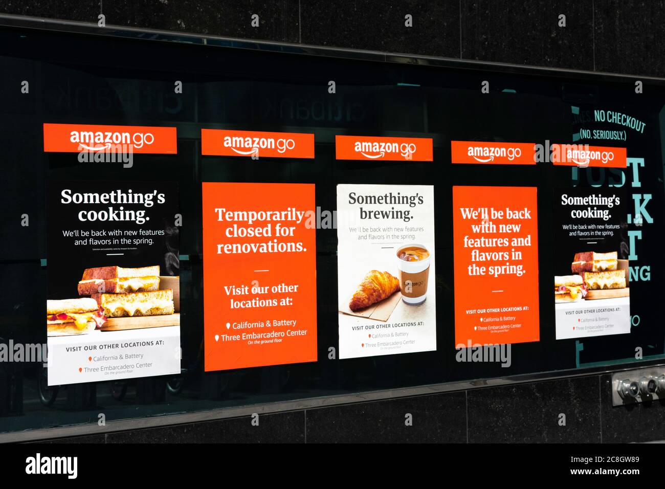 Amazon Go sign and location advertisement on cashless convenience store ...