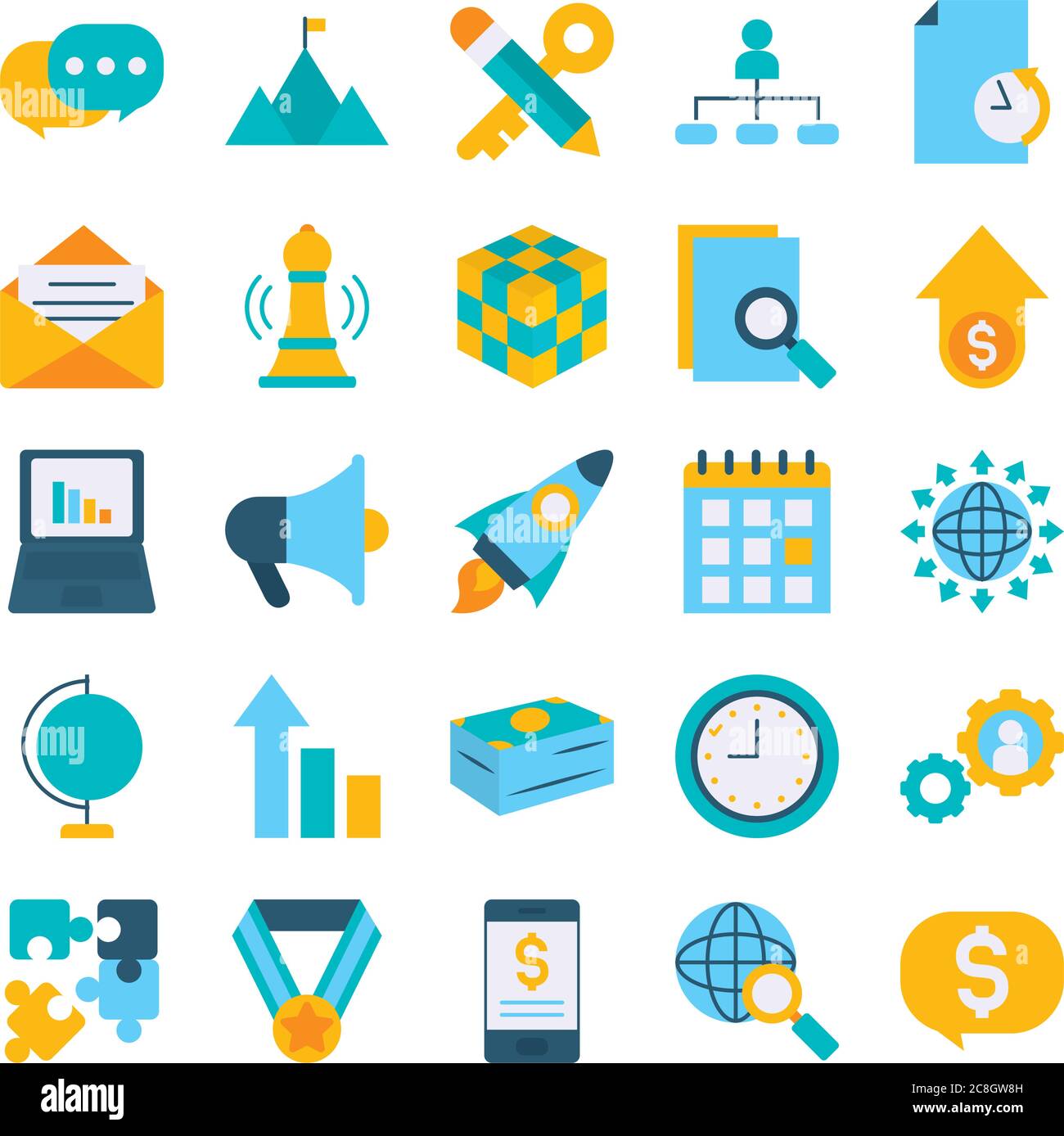 icon set of clock and strategy over white background, flat style ...