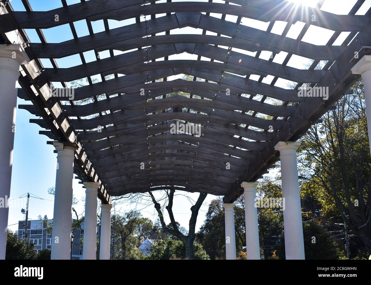 Looking up while under arch over harbor entrance to Brewster Gardens ...