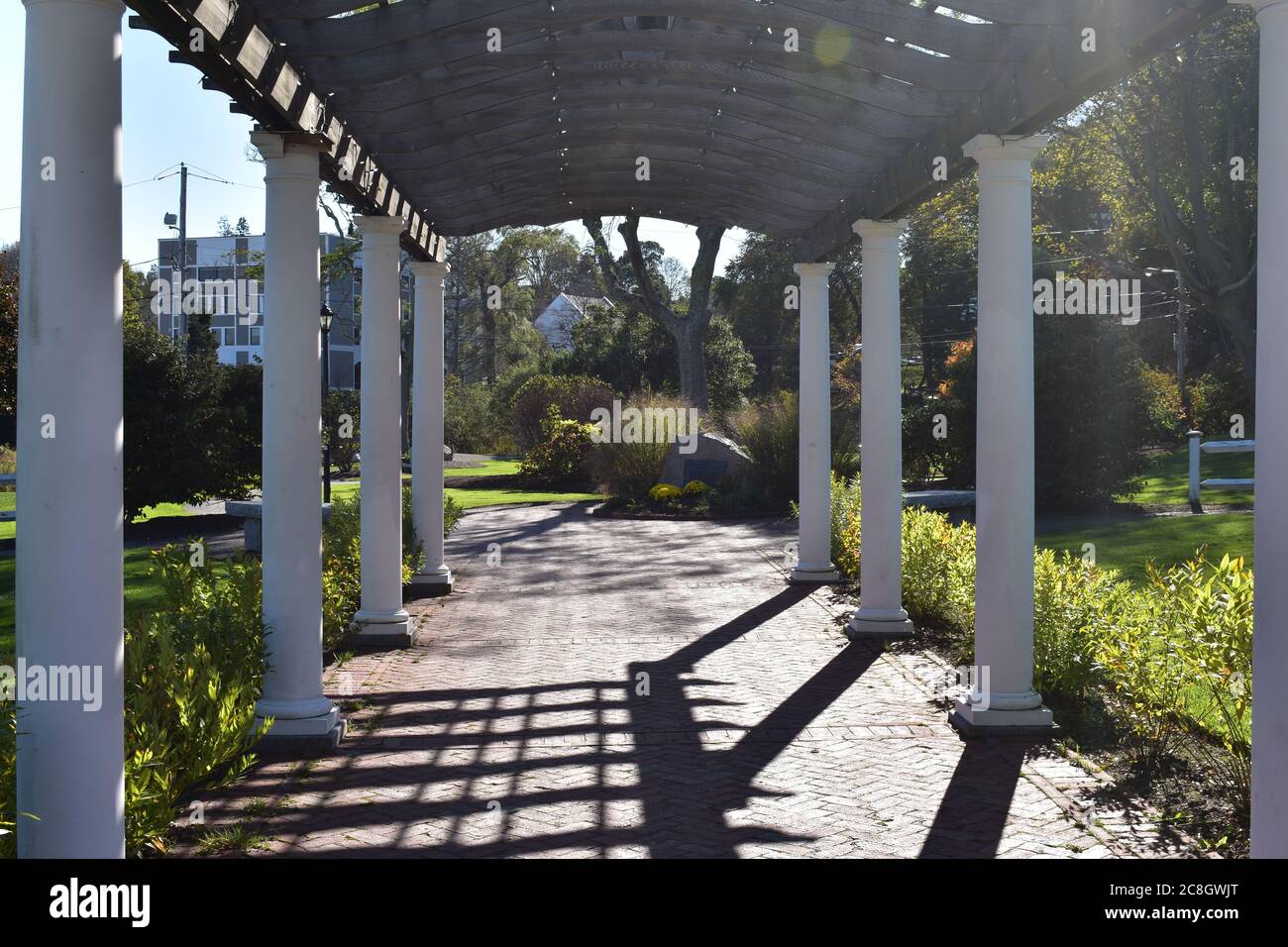 Columns under arch over harbor entrance to Brewster Gardens park to ...