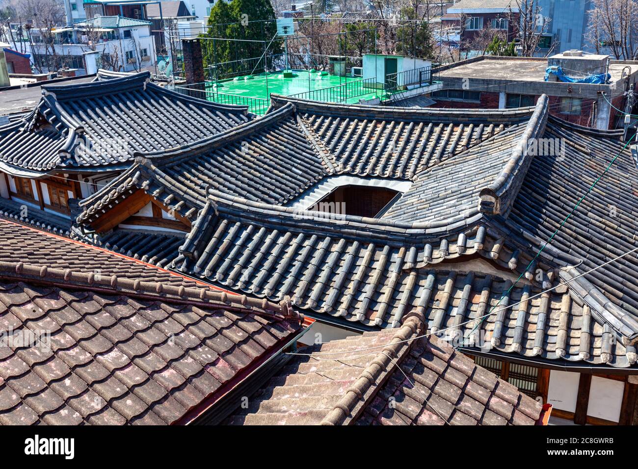 Roofs of hanoks in Bukchon Hanok Village, Seoul, South Korea Stock ...