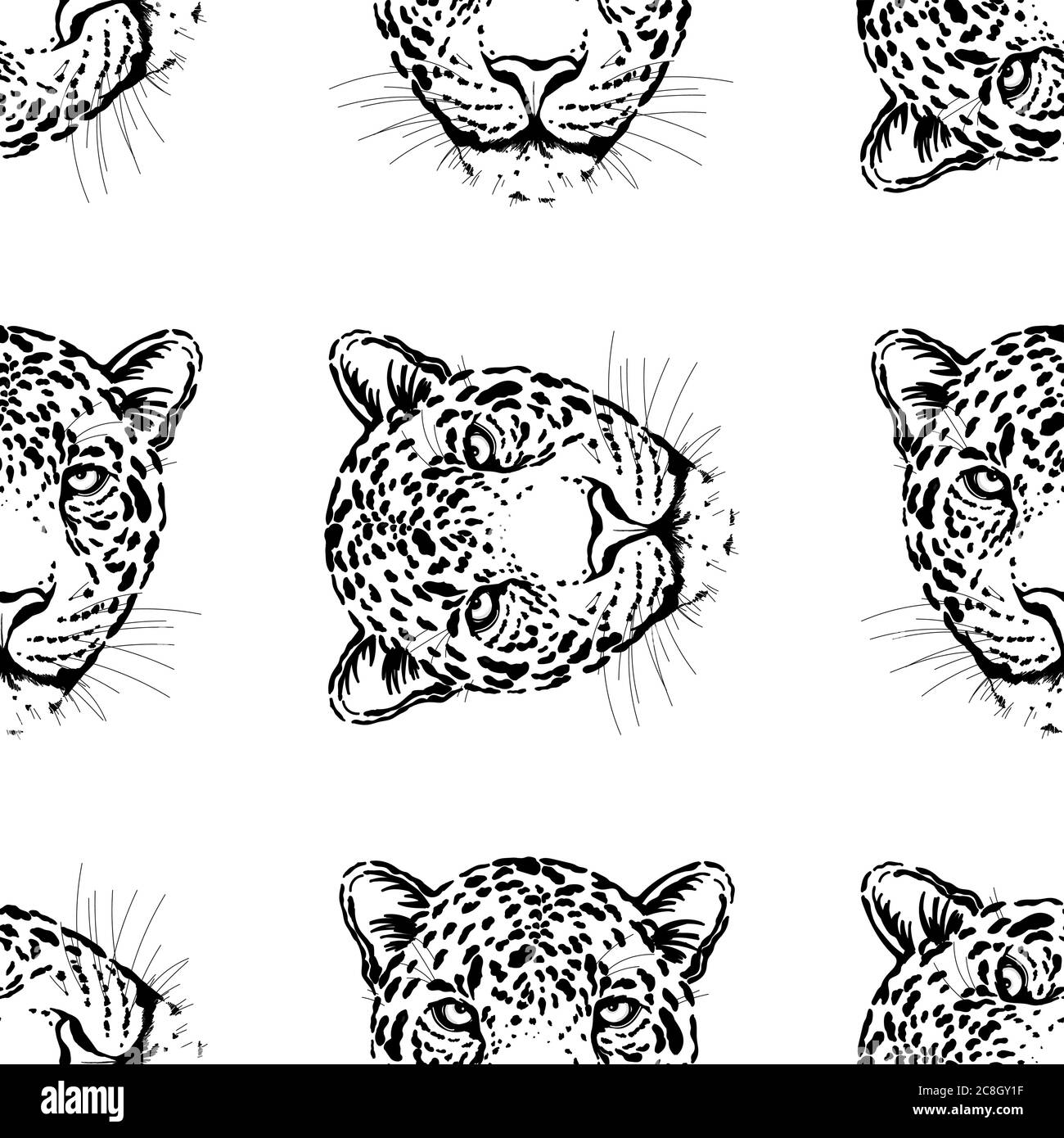 Seamless pattern of hand drawn sketch style portraits of leopards ...