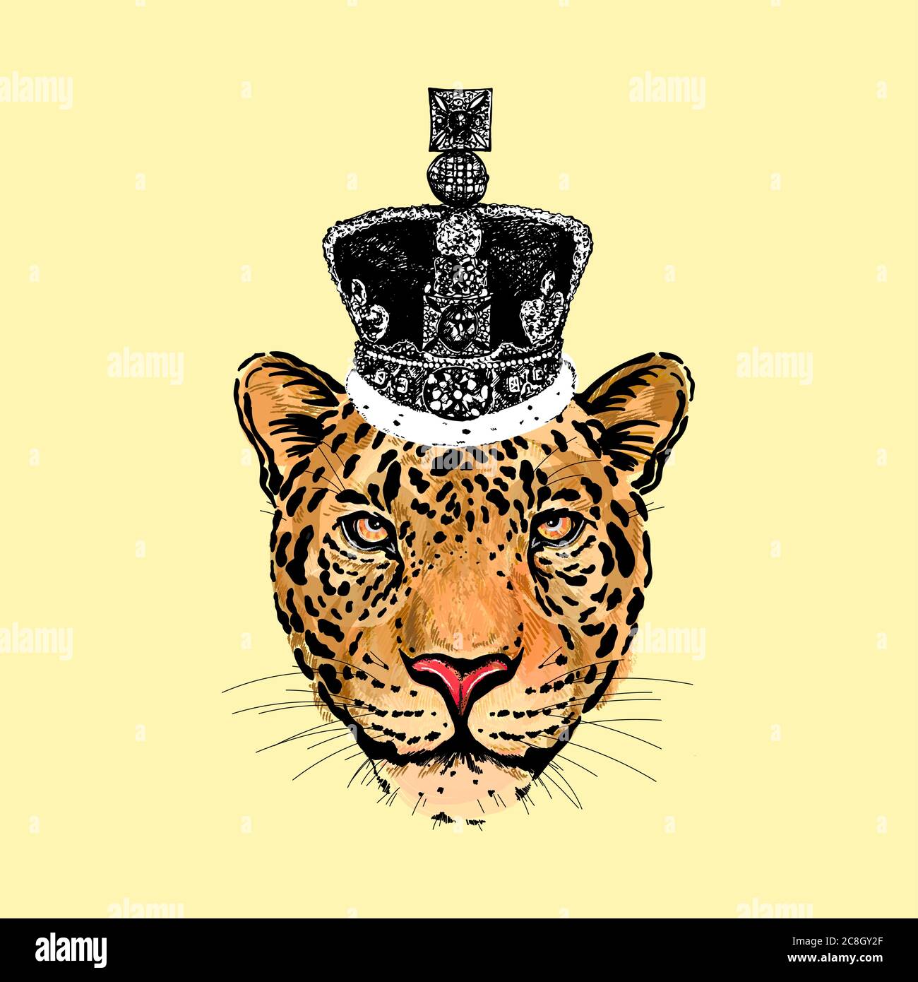 Hand drawn sketch style burlesque portrait of funny leopard with crown ...