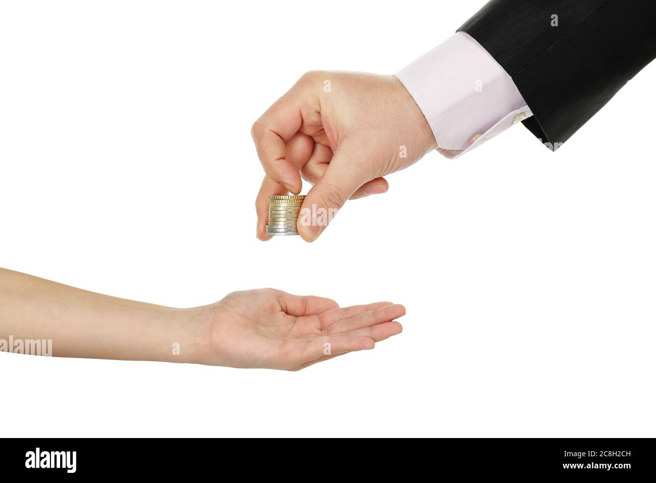 adult giving coins to a boy isolated on white Stock Photo - Alamy