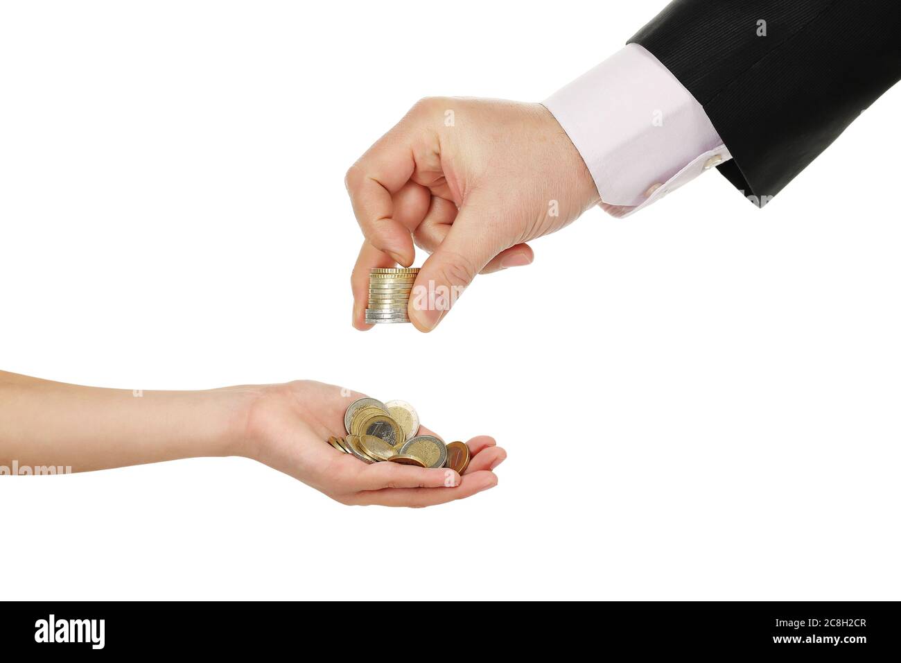 adult giving coins to a boy isolated on white Stock Photo - Alamy
