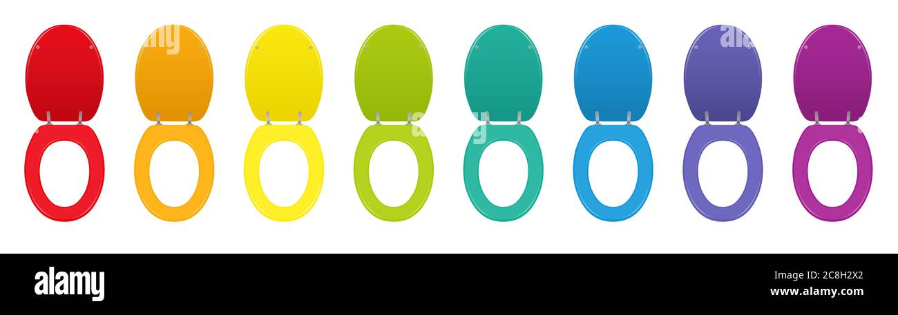 Colorful toilet seats. Set of different colored lavatory lids lifted up ...