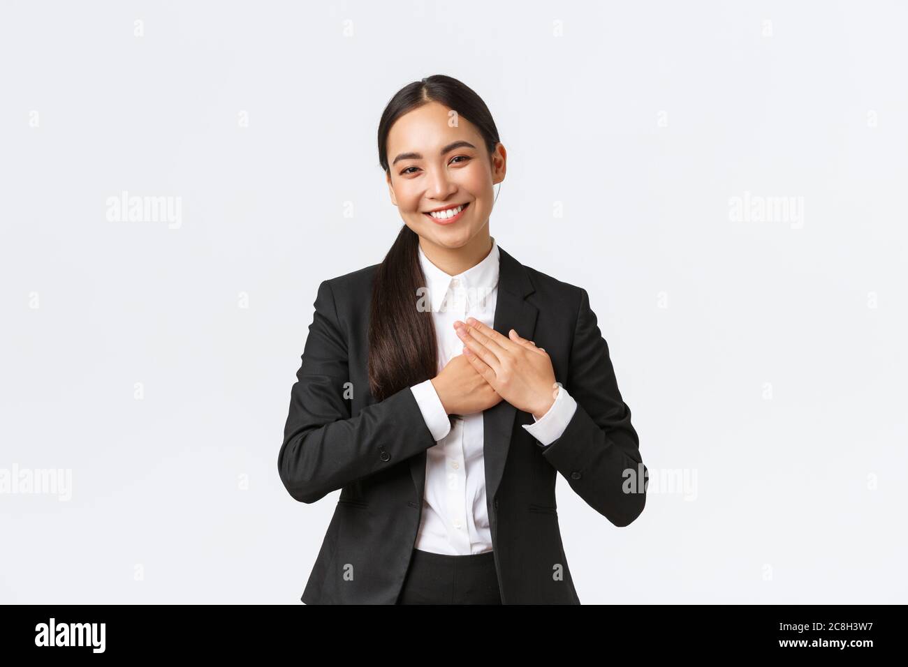 Happy pleased asian female entrepreneur love her clients, feeling ...