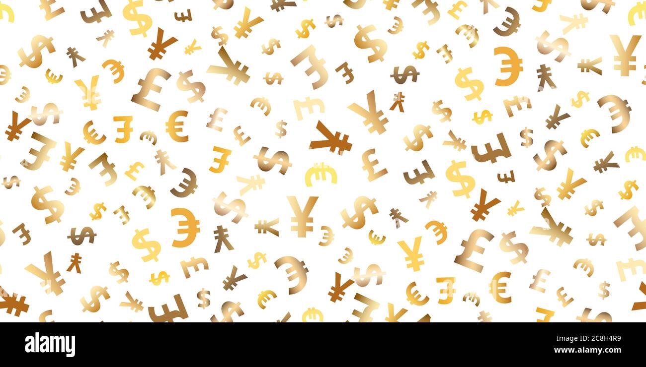 Seamless pattern euro, dollar, pound, yen gold symbols flying currency ...