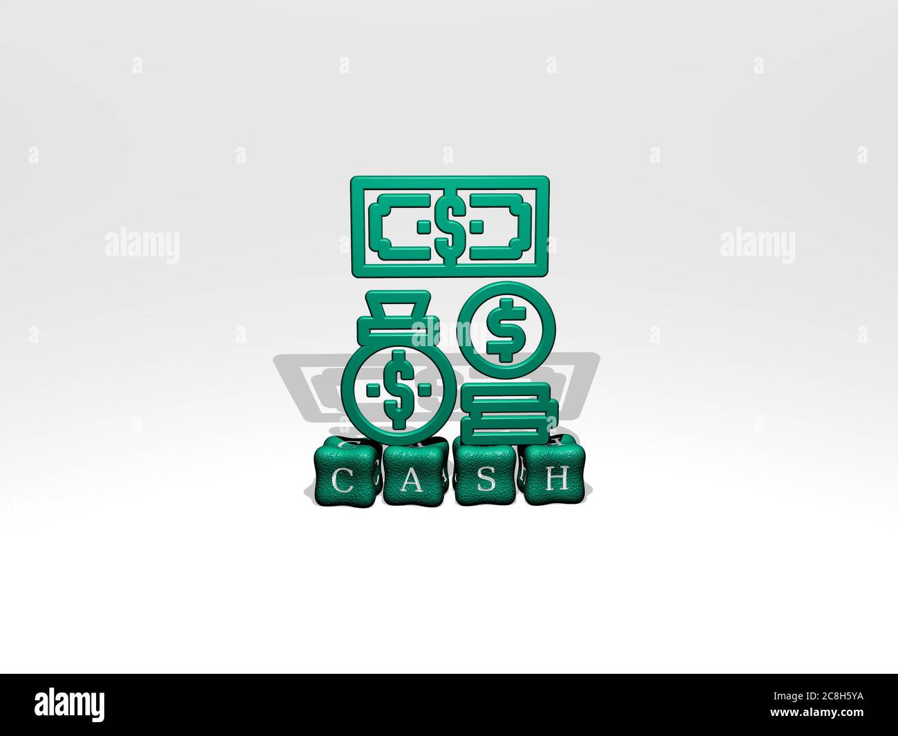 3D illustration of CASH graphics and text made by metallic dice letters ...
