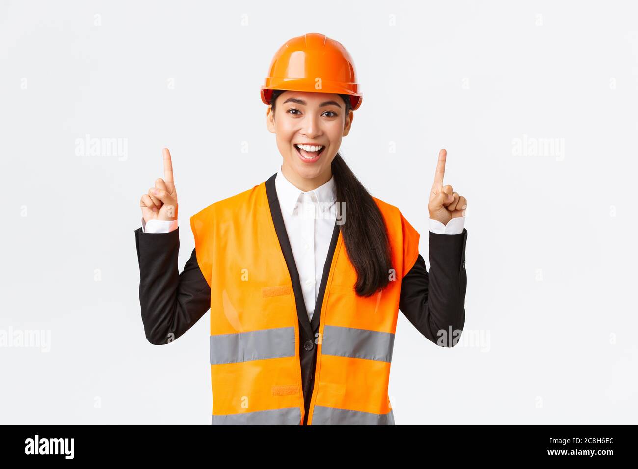 Building, construction and industrial concept. Happy smiling female ...