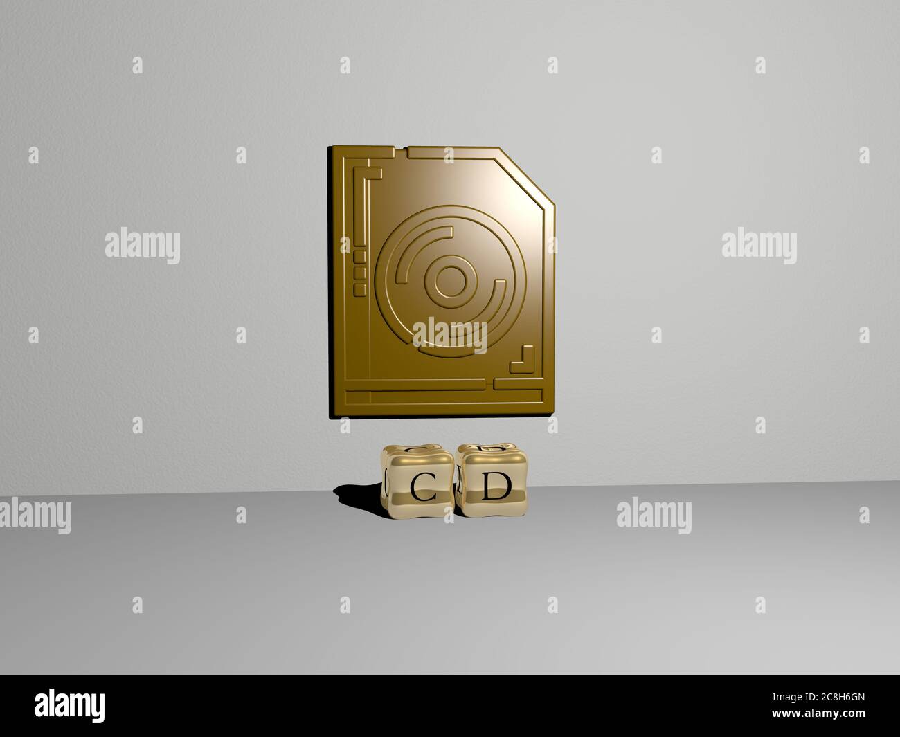 3D illustration of cd graphics and text made by metallic dice letters ...