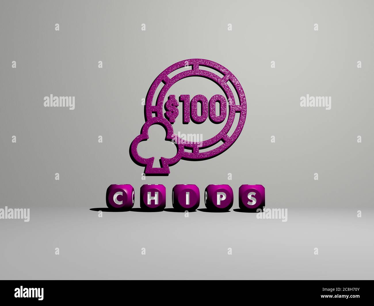 3D illustration of chips graphics and text made by metallic dice ...