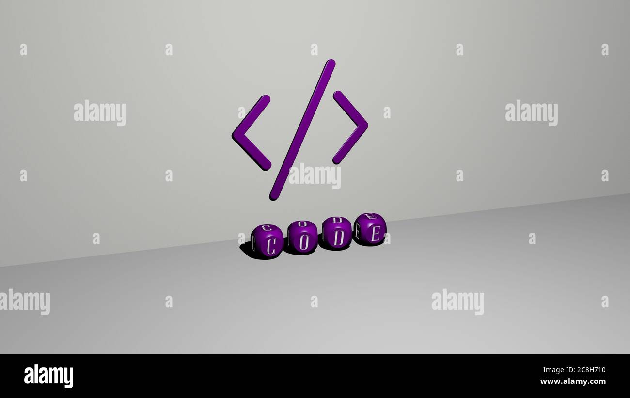 3D illustration of CODE graphics and text made by metallic dice letters ...