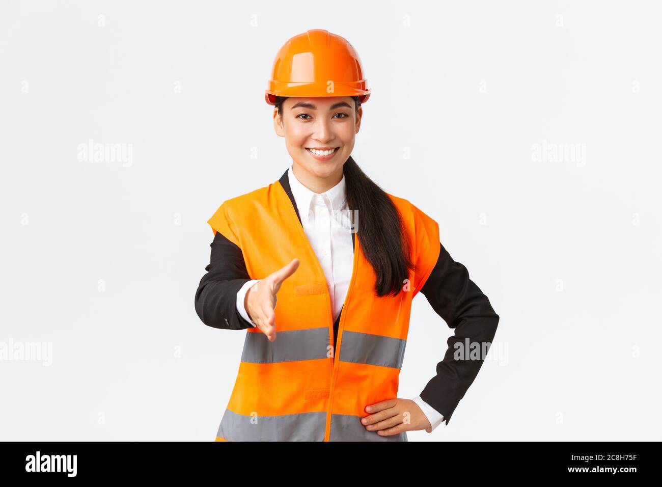 Confident successful female architect, leader of construction in safety ...