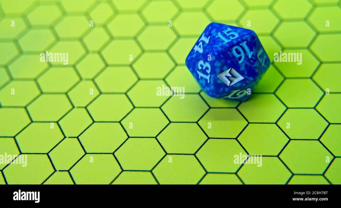 Role-playing board with blue dice on top in a pentagonal shape Stock ...