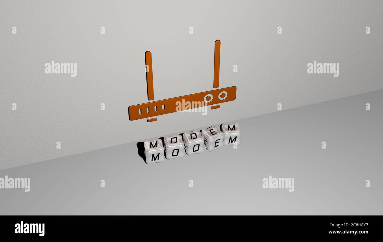 3D representation of modem with icon on the wall and text arranged by ...