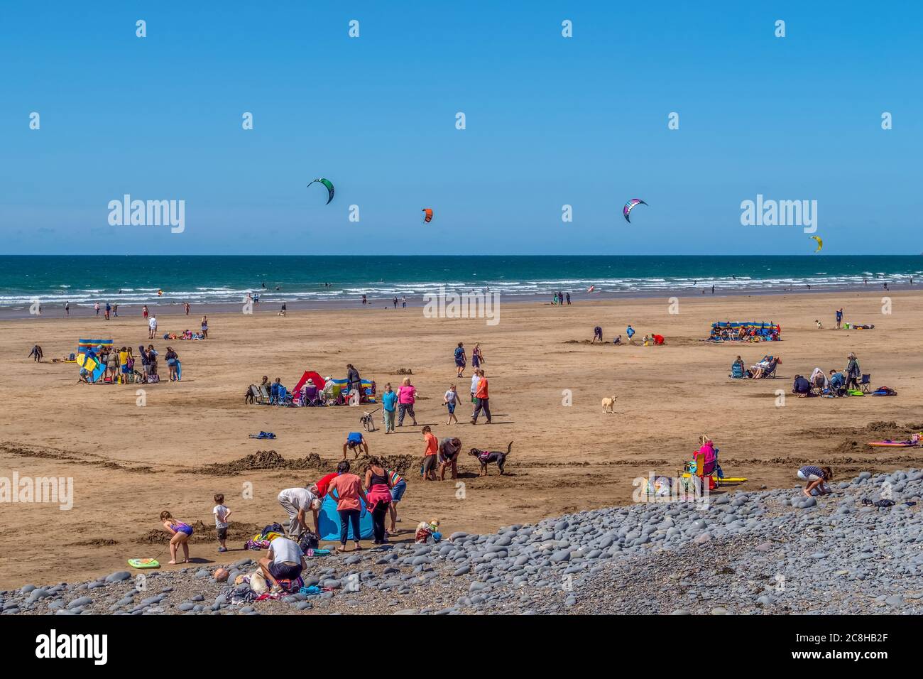 WESTWARD HO, DEVON, UK - JULY 19 2020: English summer beach with family ...