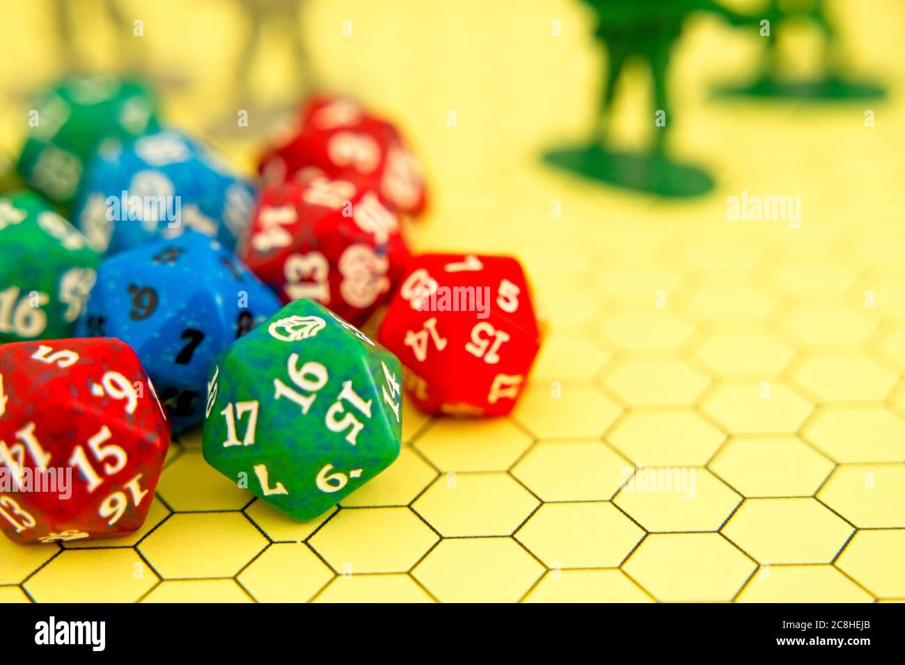 Role-playing board with pentagonal-shaped several colored dice and ...