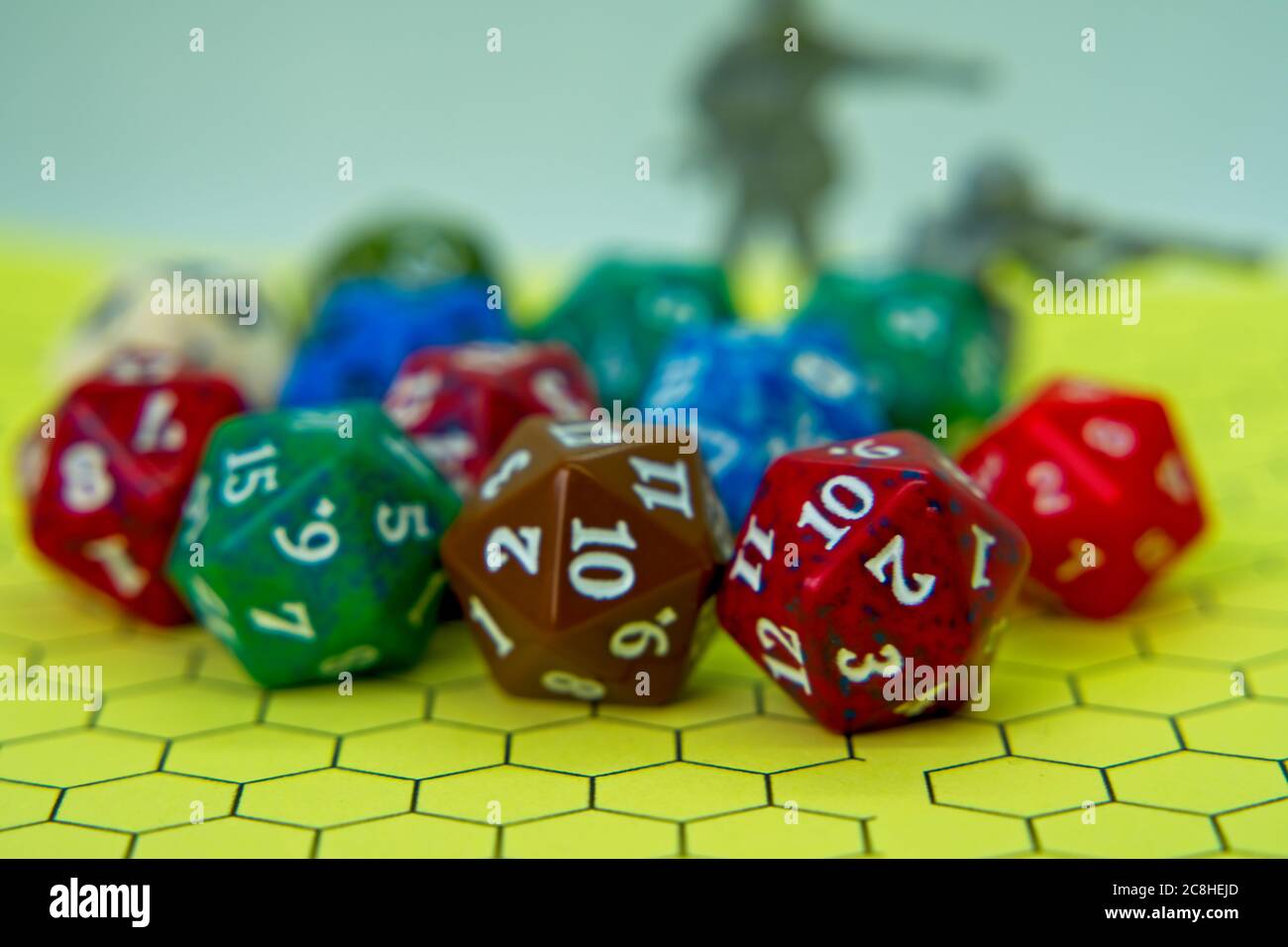 Role-playing board with pentagonal-shaped several colored dice and ...