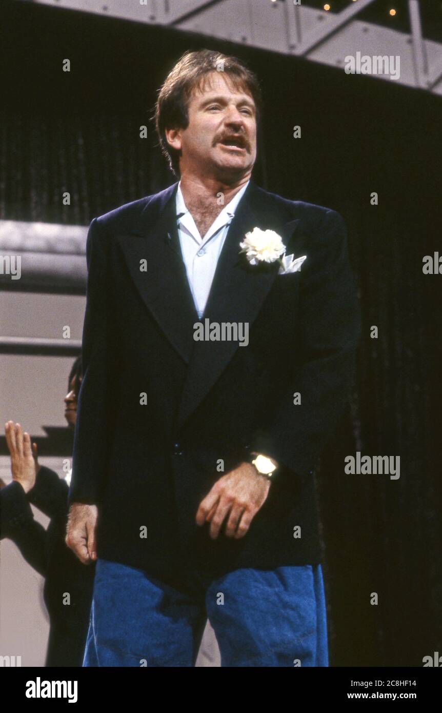 Robin Williams performing for Co mic Relief Stock Photo - Alamy