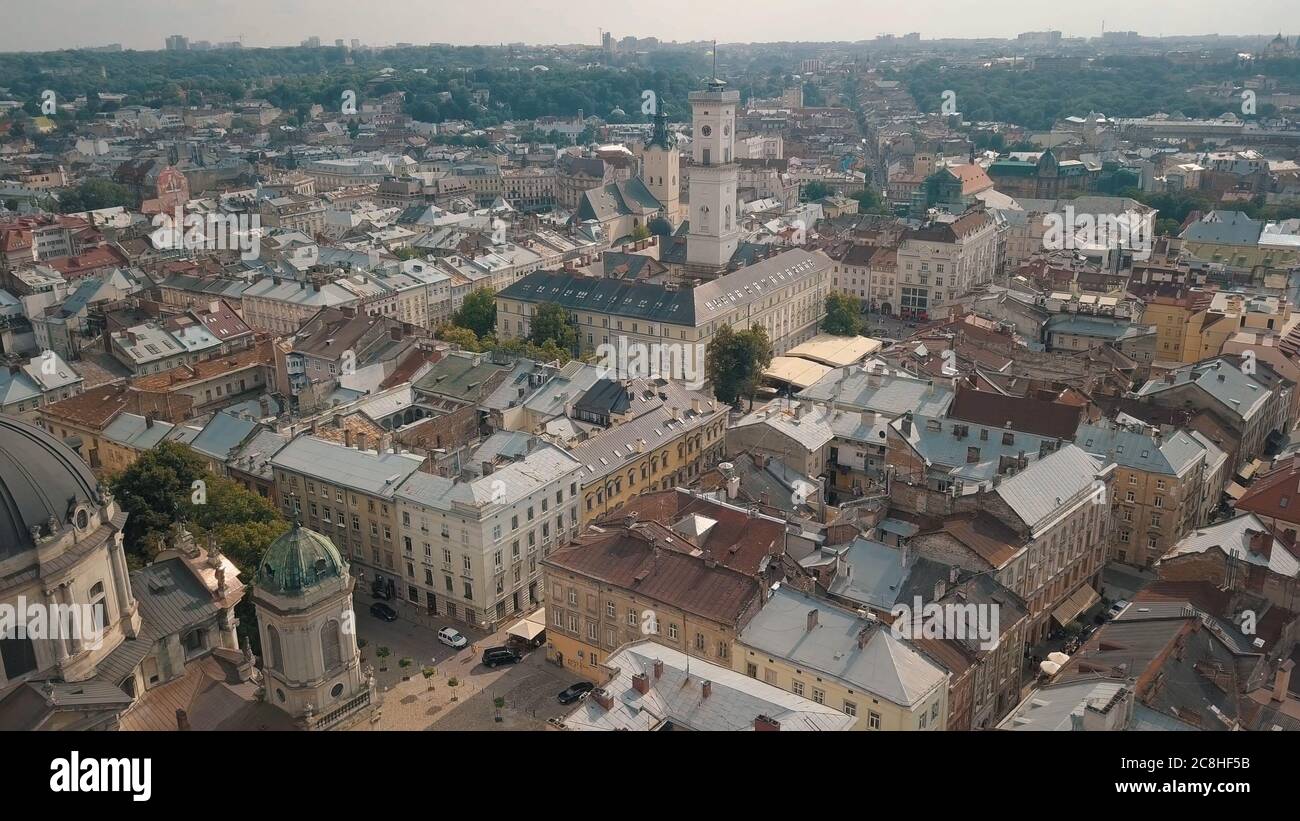Aerial drone shot of city Lviv, Ukraine. Flight over roofs, streets ...