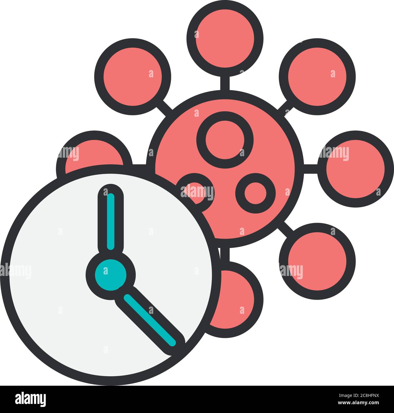 covid19 virus particle with time clock line and fill style vector illustration design Stock ...