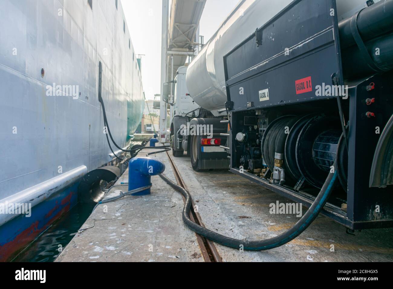 Fuel tanker truck supplying a ferry Stock Photo - Alamy