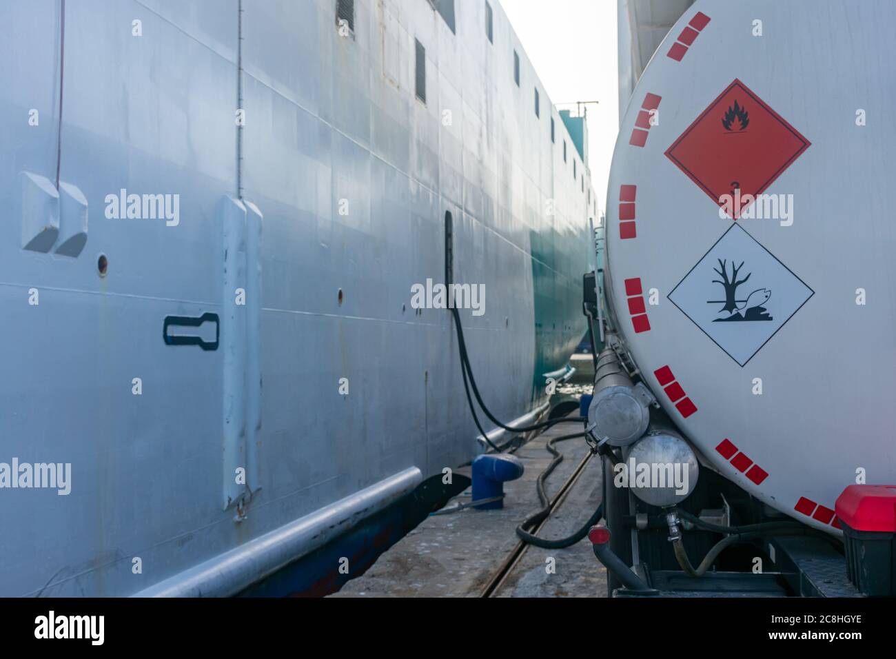 Fuel tanker truck supplying a ferry Stock Photo - Alamy