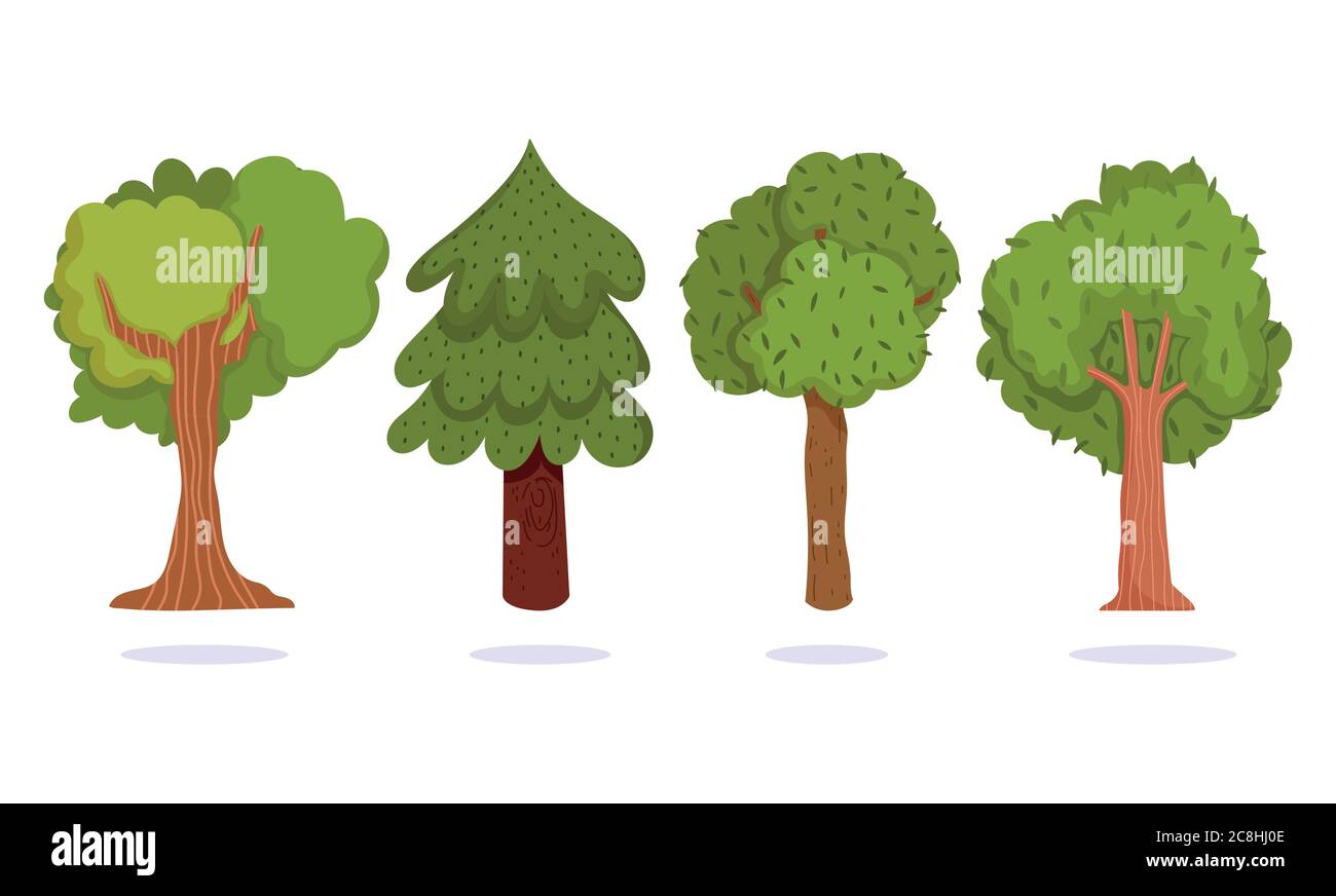 greenery trees forest botanical foliage nature cartoon icons vector ...