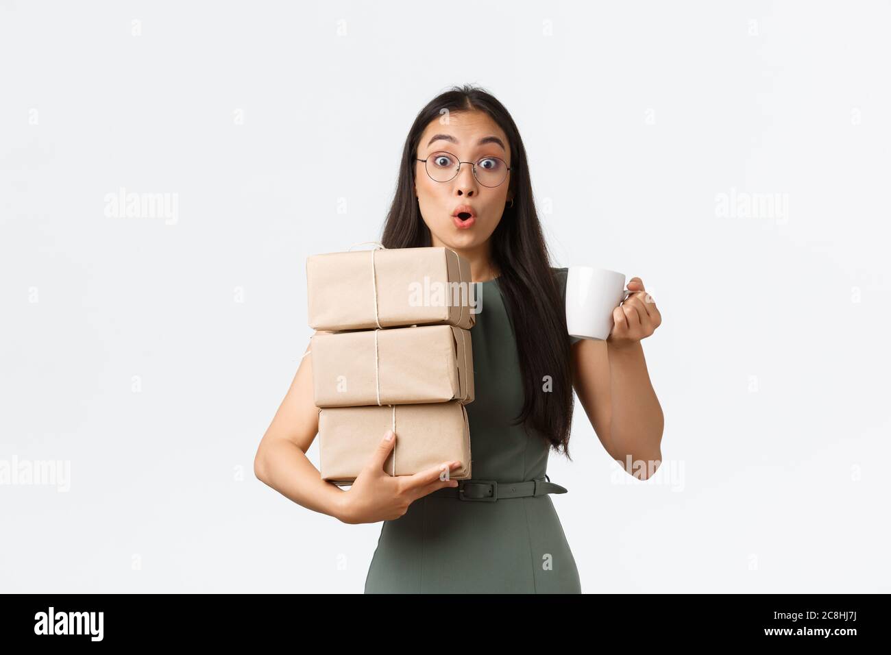 Young female asian assistant, office lady carry delivery to boss office ...