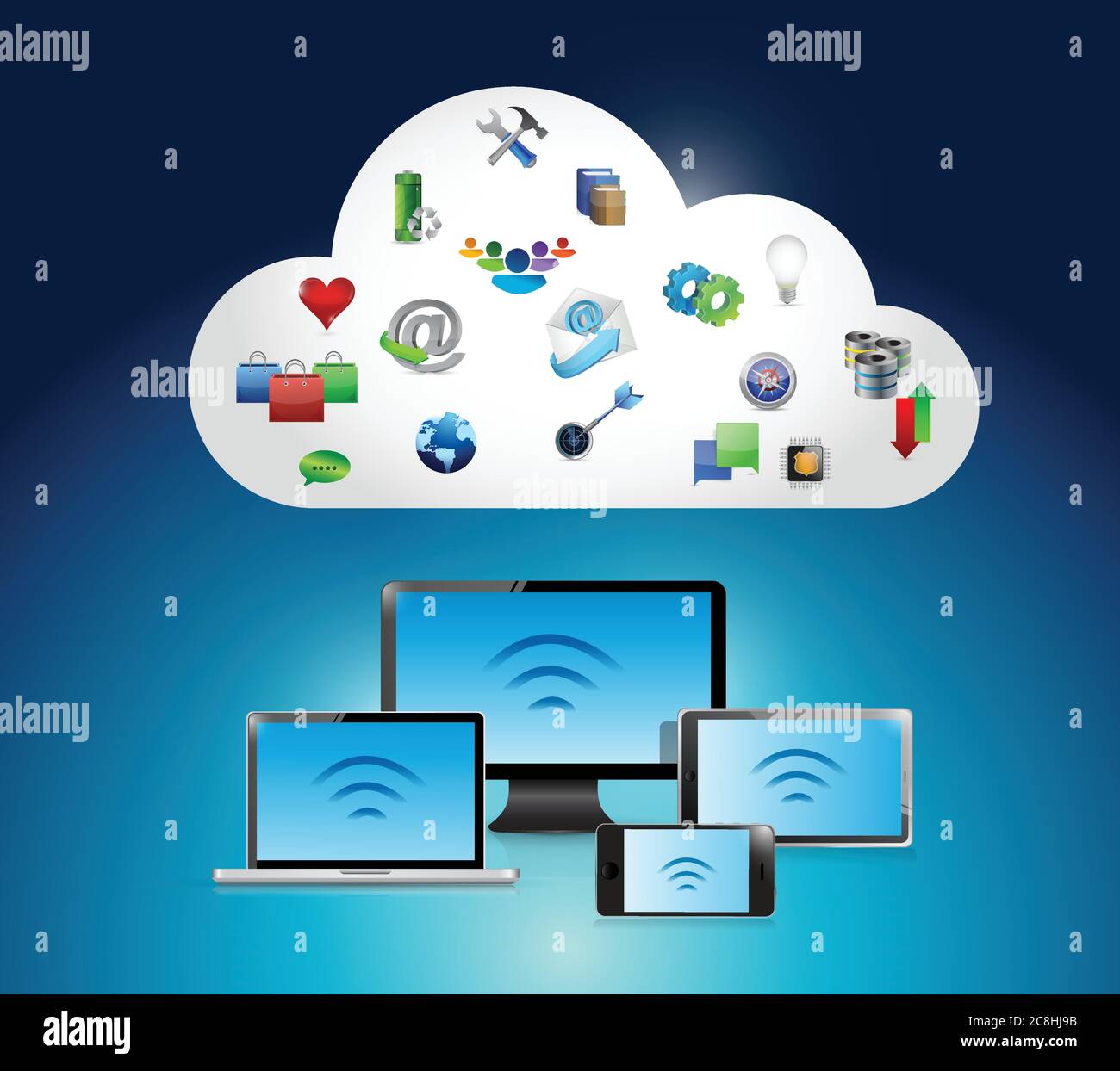 Wifi electronics connection and cloud illustration design over blue ...