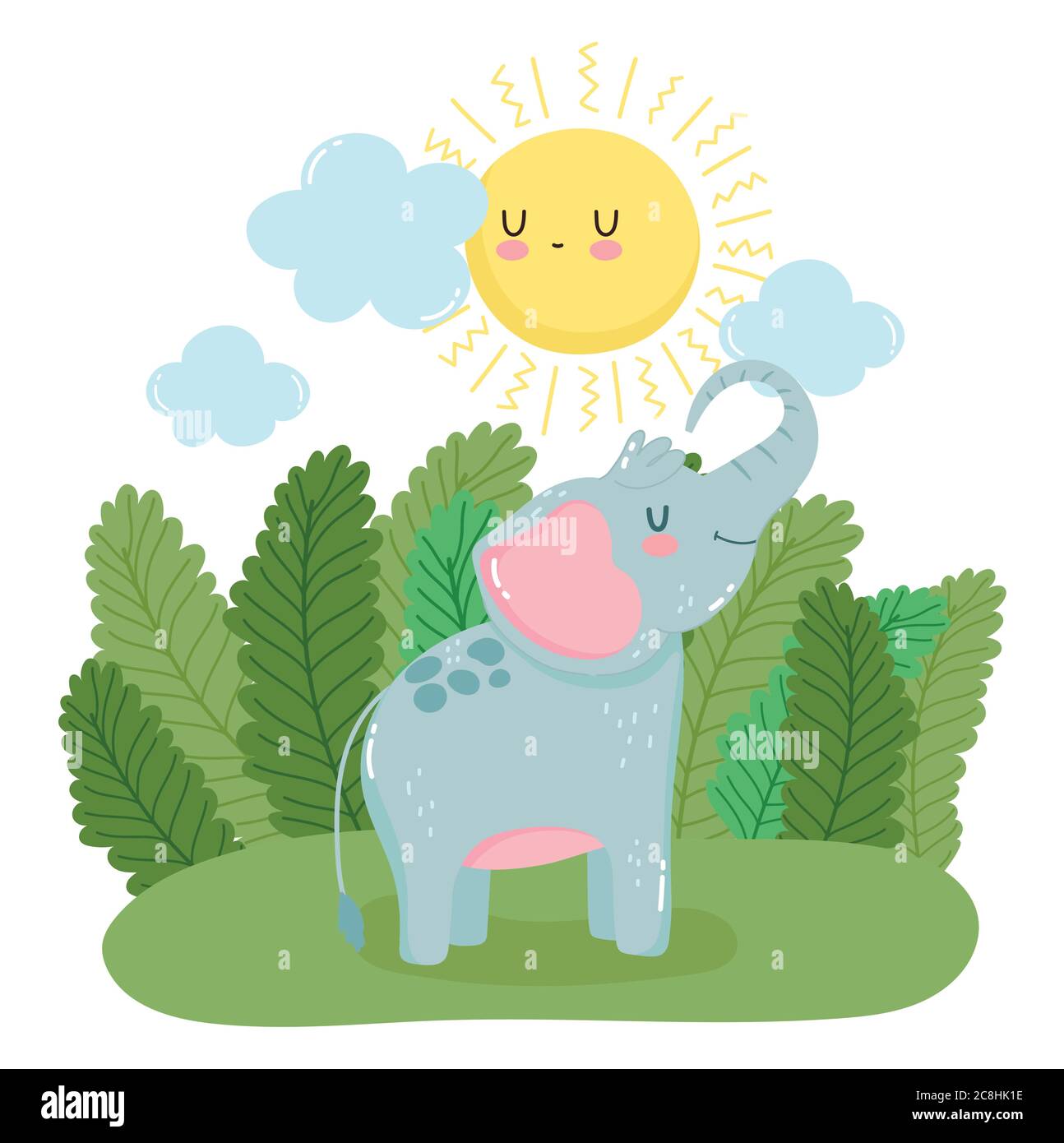 little elephant sun grass foliage leaves nature wild cartoon vector ...