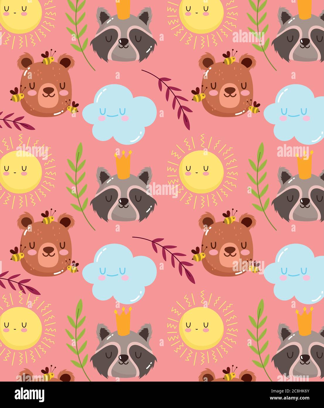 cute bear raccoon bee sun cartoon animals wild foliage background ...