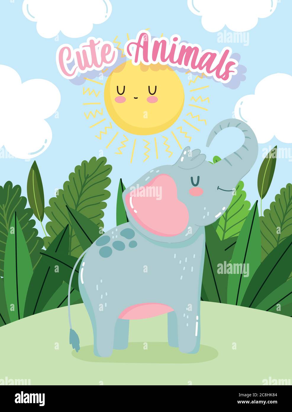 cute elephant animal sun sky grass nature wild cartoon vector ...