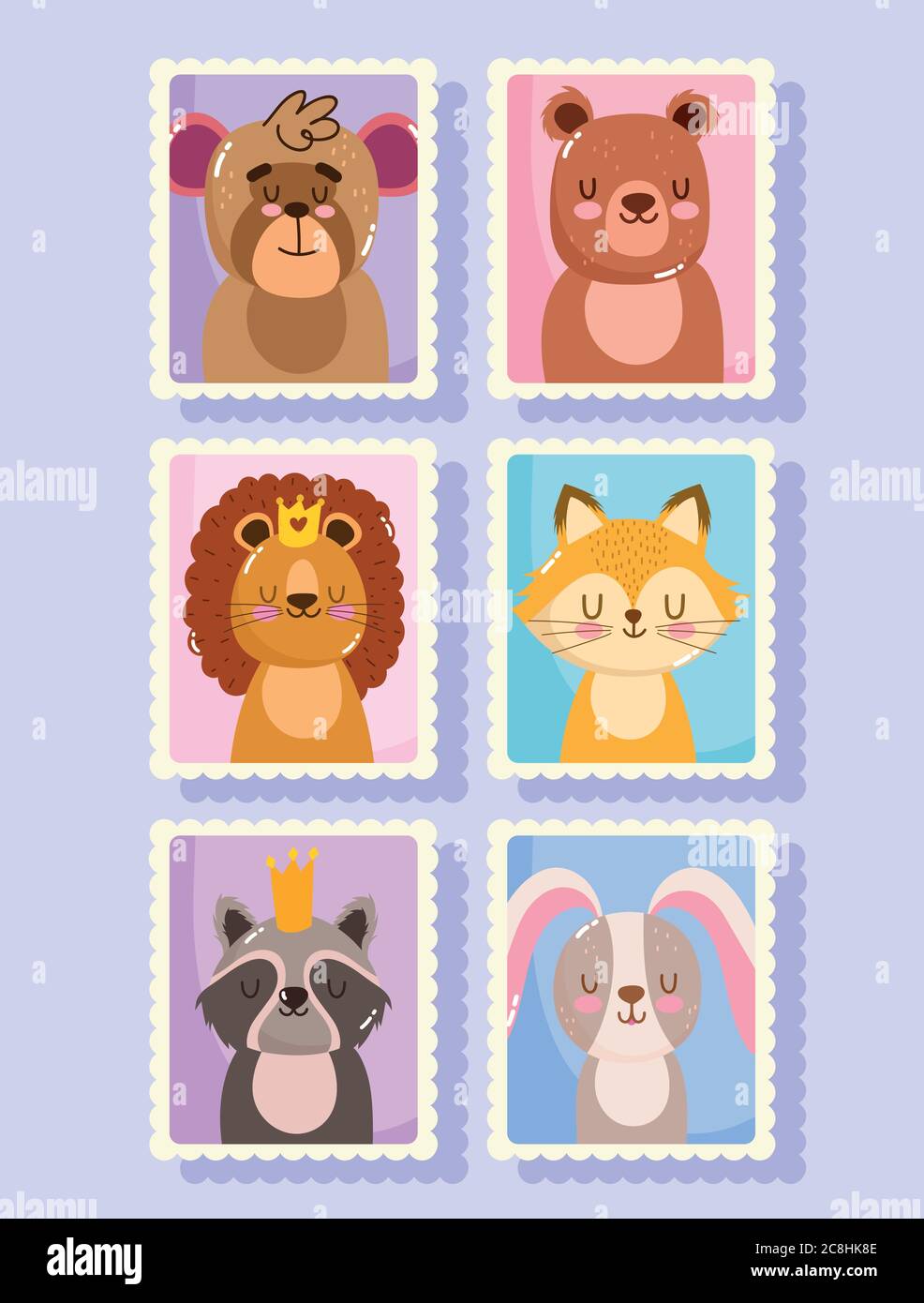 cute animals cartoon postage mail stamps lion fox bear rabbit and ...
