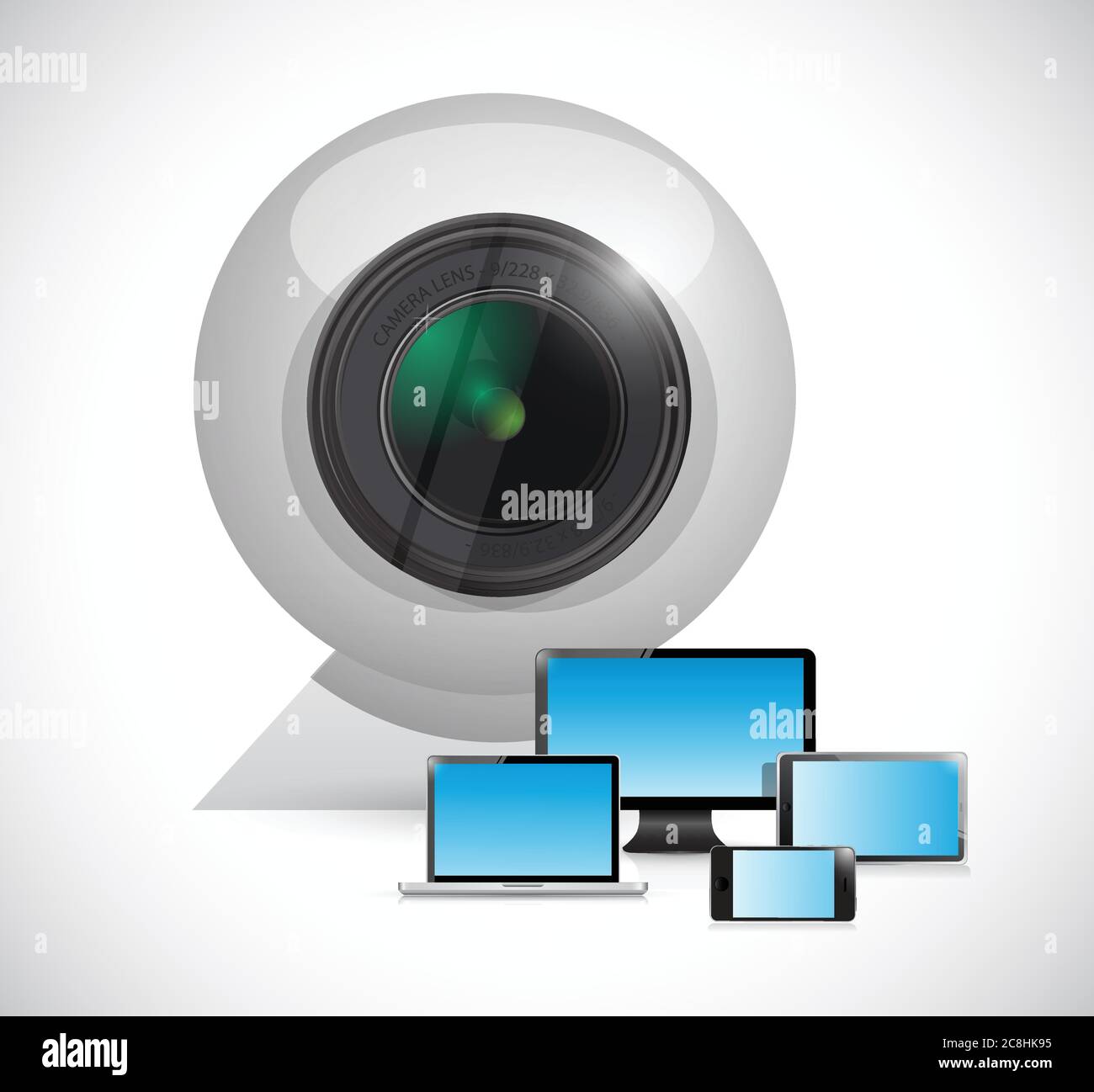 Electronics connected to a computer camera illustration over a white ...