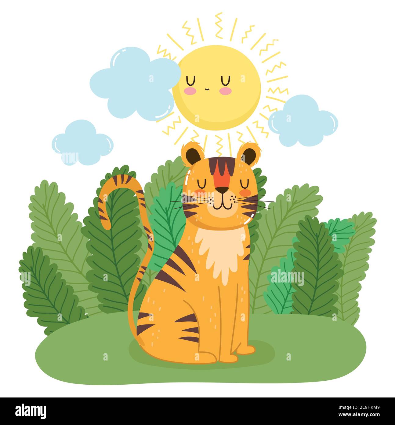 cute tiger sitting on grass sun forest nature wild cartoon vector ...