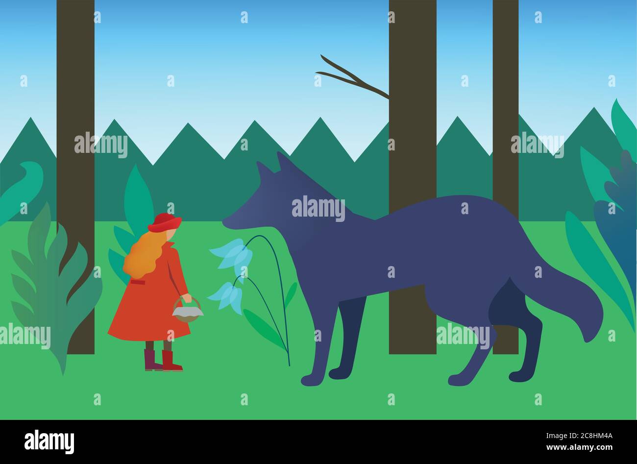 Little Red Riding Hood and wolf in the forest. Vector illustration ...