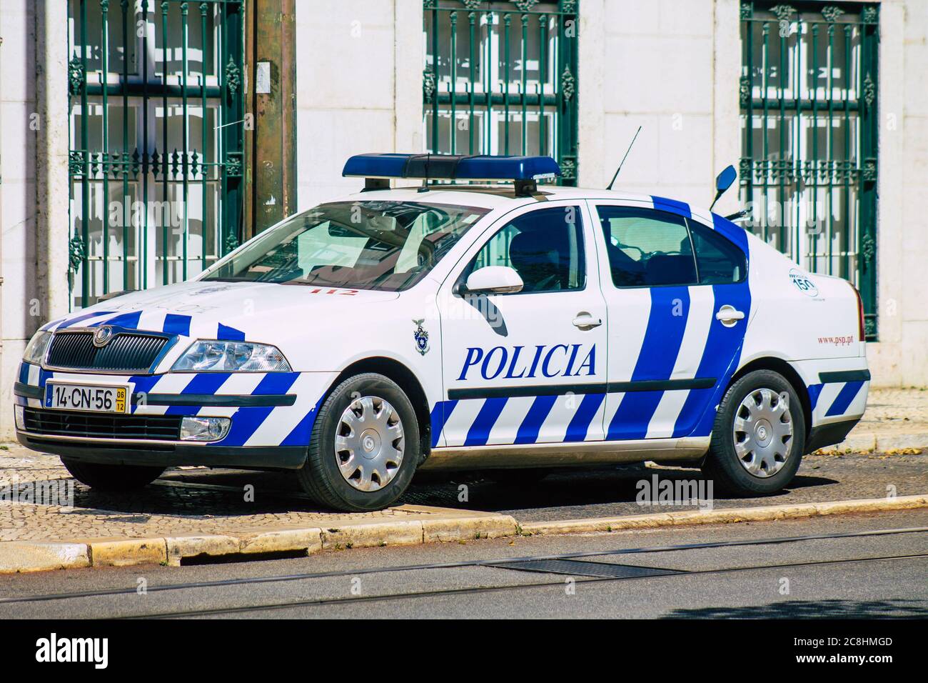 Lisbon Portugal july 24, 2020 View of a classic police car parked front ...