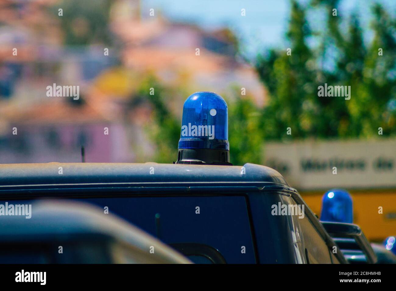 Lisbon Portugal july 24, 2020 View of a classic police car parked front ...