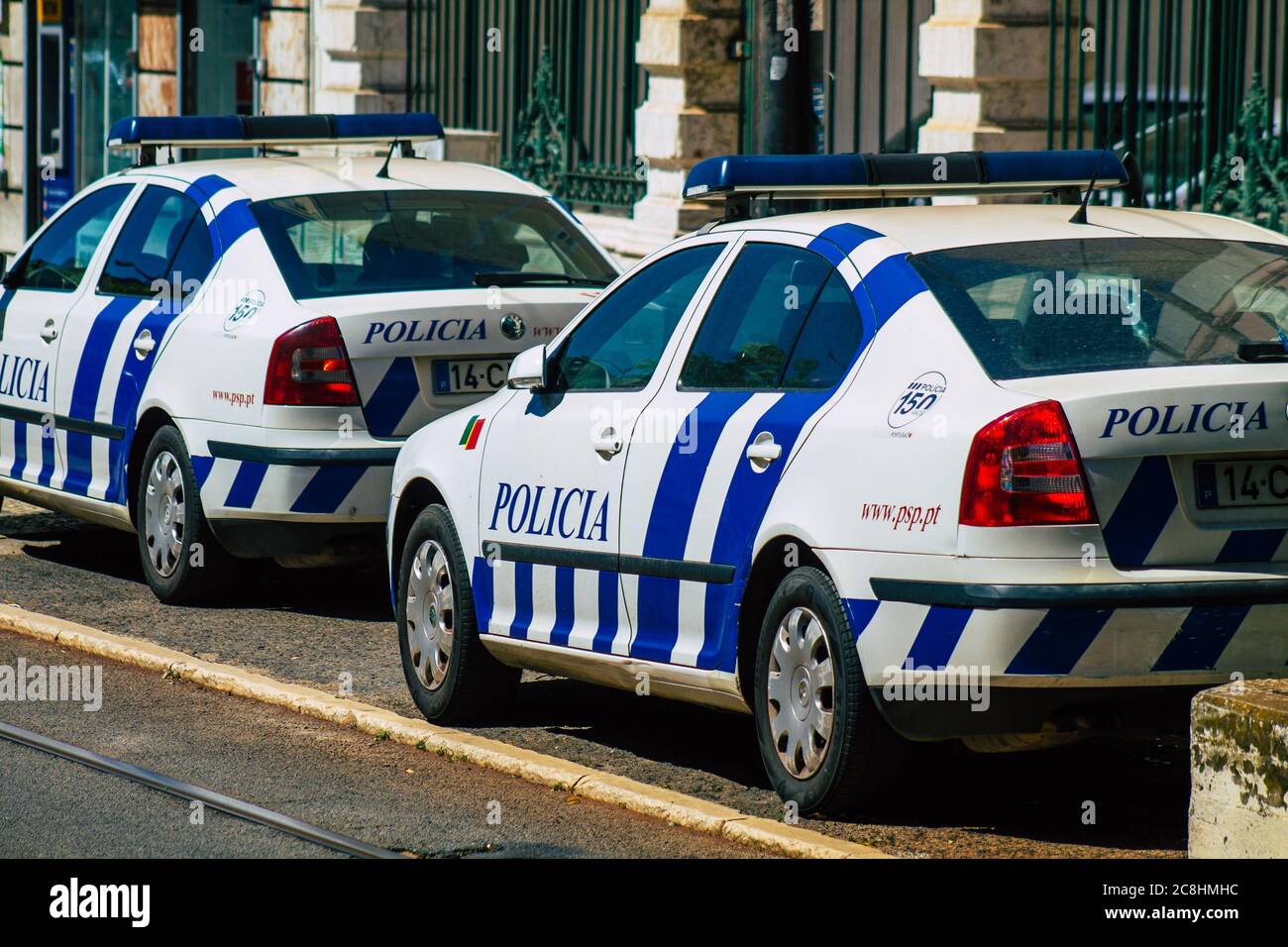 Lisbon Portugal july 24, 2020 View of a classic police car parked front ...