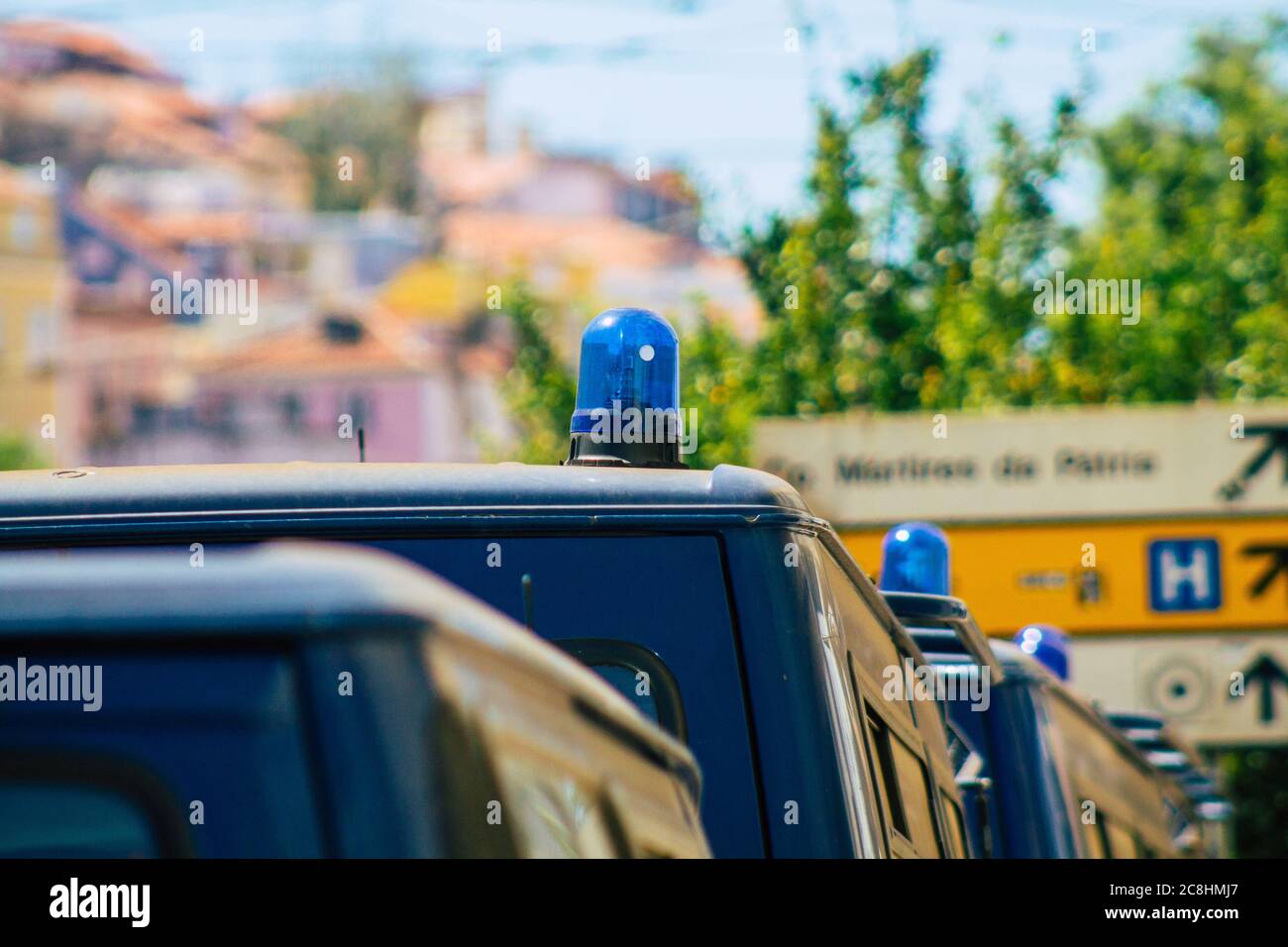 Lisbon Portugal july 24, 2020 View of a classic police car parked front ...