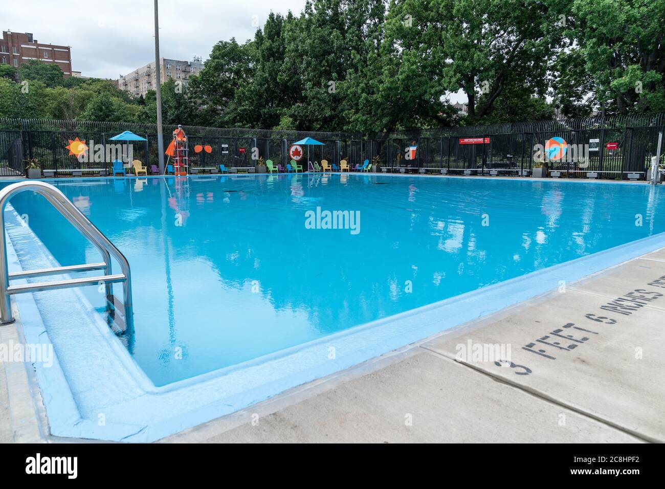 New York, NY - July 24, 2020: Pool is getting ready for patrons on the ...