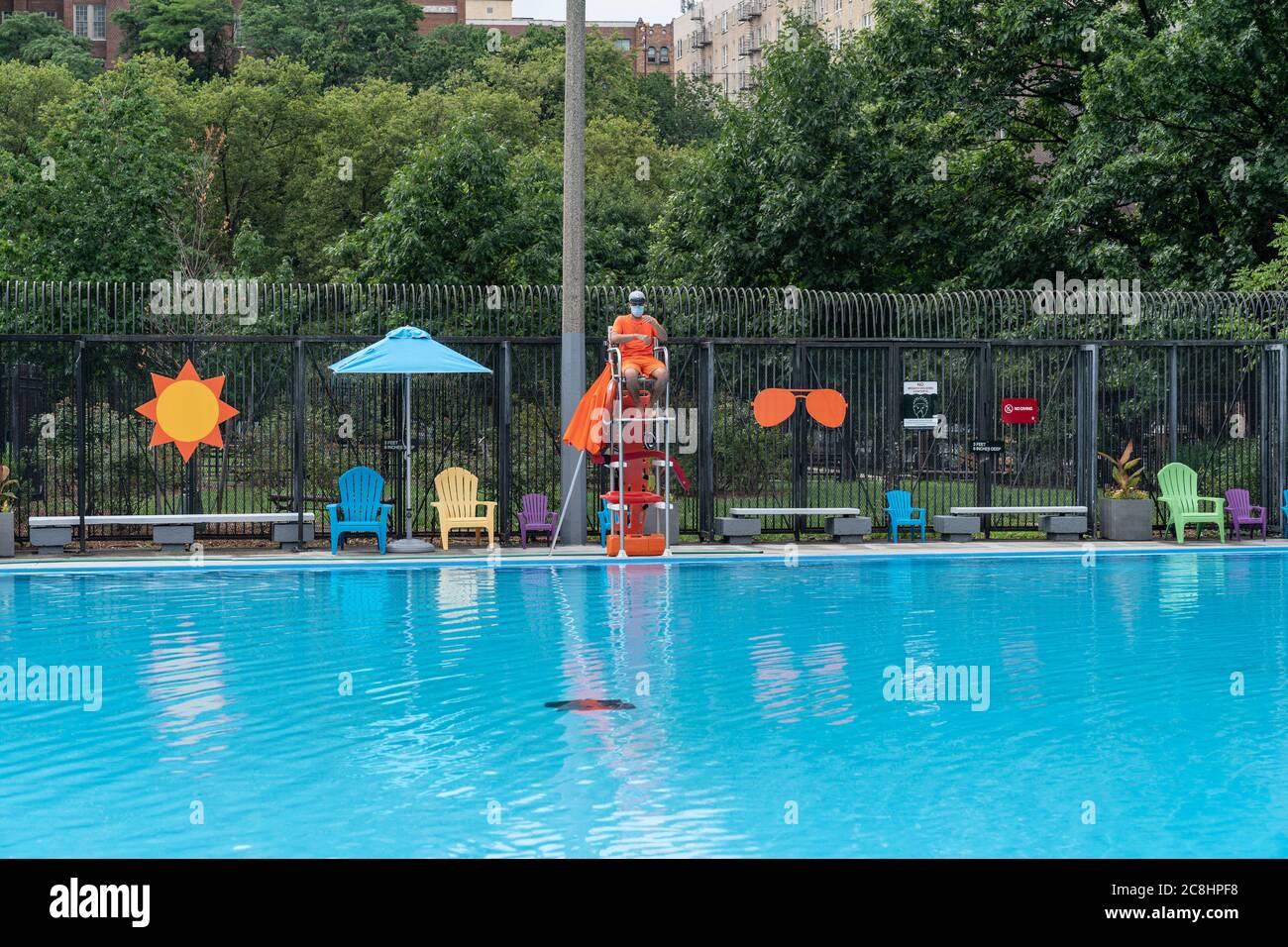 New York, NY - July 24, 2020: Pool is getting ready for patrons on the ...